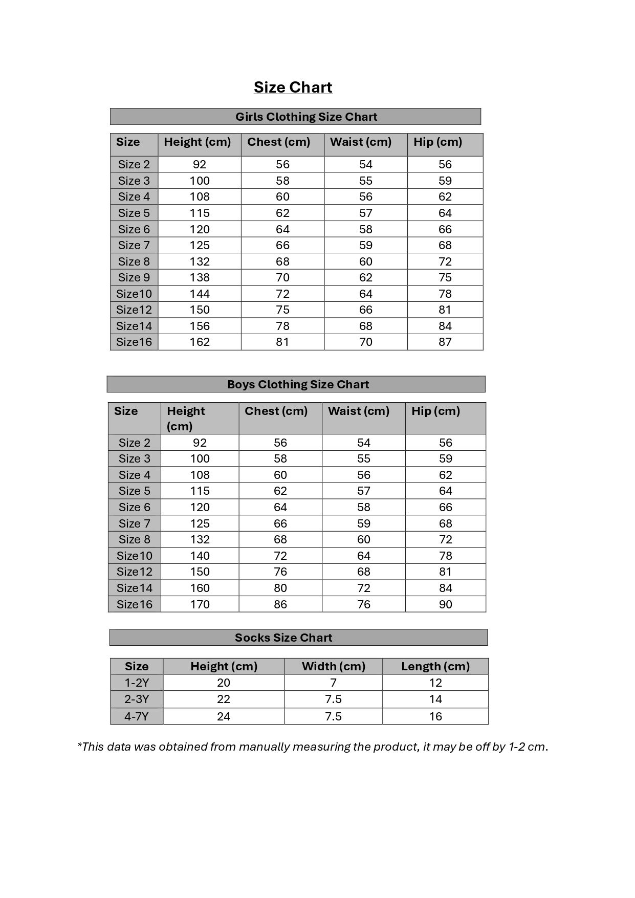 SizeChart – Bloom Borne Kids